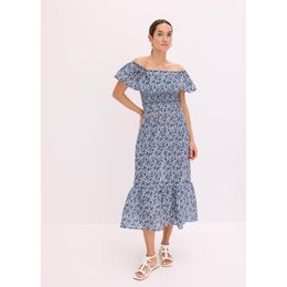 bonprix Boho-Midikleid mit Carmenausschnitt aus leichter Baumwolle, blau, mit Baumwolle