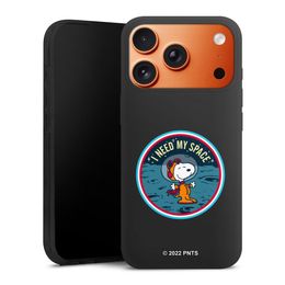 DeinDesign iPhone 17 Pro Handy Premium Silikon H&uuml;lle Handyh&uuml;lle schwarz Case Peanuts Weltall Snoopy Silikon Premium Case