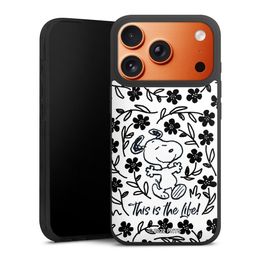 DeinDesign iPhone 17 Pro Handy Premium Silikon H&uuml;lle Handyh&uuml;lle schwarz Case Peanuts Flowers Snoopy Silikon Premium Case