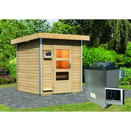Woodfeeling Massivholzsauna 'Torge' mit Ofen natur 196 x 228 x 196 cm, 9 kW