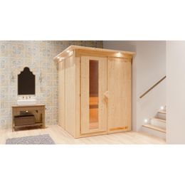 Karibu Elementsauna 'Abril' naturbelassen mit Energiespartür und Kranz 9 kW Ofen integrierte Steuerung 165 x 165 x 202 cm