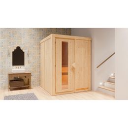 Karibu Elementsauna 'Abril' naturbelassen mit Energiespartür 9 kW Ofen integrierte Steuerung 151 x 151 x 198 cm