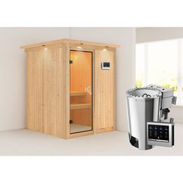 Karibu Elementsauna 'Paula' naturbelassen mit Kranz und bronzierter Tür mit Bio-Ofen 3,6 kW externe Steuerung Easy 165 x 165 x 202 cm