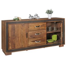 KADIMA DESIGN Rustikales Sideboard, Sheesham Massivholz, Kunstleder, 160x44x80 cm