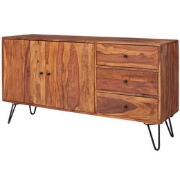 KADIMA DESIGN Sheesham Sideboard, 145x75x40 cm, Landhausstil, 3 Schubladen & 2 T&uuml;ren, Haarnadelbeine