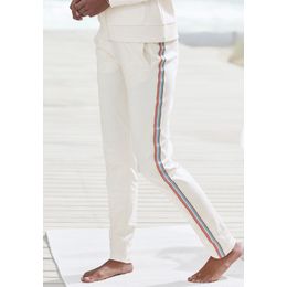 H.I.S. Sweathose H.I.S, Damen, Gr. 32/34, N-Gr, beige (ecru), Interlock, Obermaterial: 60% Baumwolle, 40% Polyester, unifarben, bequem lang, Hosen, mit seitlichen Streifen, Loungewear