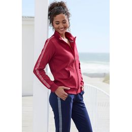 H.I.S. Sweatjacke H.I.S, Damen, Gr. 32/34, rot, Interlock, Obermaterial: 60% Baumwolle, 40% Polyester, unifarben, Basic, bequem hüftbedeckend, ohne Ausschnitt, Bündchen, Sweatjacken, mit gestreiftem Tape an den Ärmeln
