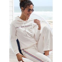 H.I.S. Hoodie H.I.S, Damen, Gr. 32/34, ecru, Interlock, Obermaterial: 60% Baumwolle, 40% Polyester, bedruckt, unifarben, Basic, bequem hüftlang, Rippbündchen, Sweatshirts, mit Streifenprint, Loungewear