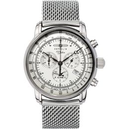 Chronograph Zeppelin "100 Jahre", silber (silberfarben, silberfarben), Armbanduhren, Herren, Armbanduhr, Quarzuhr, Herrenuhr, Datum, Stoppfunktion, Made in Germany
