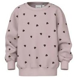 Sweatshirt name it "NMFNEHEART NREG SWEAT BRU", Mädchen, Gr. 104, lila (burnished lila), Sweatware, Obermaterial: 95% Baumwolle, 5% Elasthan, bedruckt, casual, regular fit, Rundhals, Langarm Rippbündchen, Sweatshirts