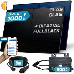 SUNNIVA&reg; 1000W Balkonkraftwerk BIFAZIAL FULLBLACK komplett Steckdose ASTRO-E 800 Watt Wechselrichter, PV Solaranlage Komplettset, 2x 500W N-Type Glas-Glas Bifacial Solarmodule, 5m Kabel & 4x 1m Solarkabel