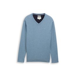 Tom Tailor Herren Strickpullover mit V-Ausschnitt aus Baumwolle, blau, Meliert, Gr. XXL