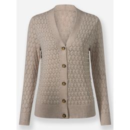 WITT Damen Ajourstrickjacke mit Zierperlen, sesam-meliert, Gr&ouml;&szlig;e 52