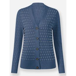 WITT Damen Ajourstrickjacke mit Zierperlen, rauchblau-meliert, Gr&ouml;&szlig;e 42