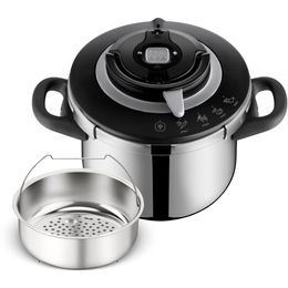 Schnellkochtopf Tefal "Clipso+ CHEF, 6 Liter Dampfkochtopf", grau (edelstahl), B:29cm H:22,7cm L:36cm, Töpfe, 4 Kochprogramme, 6 Sicherheitsstufen, abnehmbarer Timer