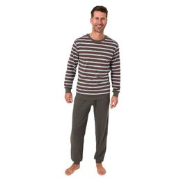 Normann Schlafanzug lang Pyjama B&uuml;ndchen Kuschel interlock in grau-mel. | Gr.: 60/62