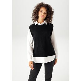Aniston CASUAL Strickpullover mit Bluseneinsatz - NEUE KOLLEKTION schwarz-weiß 44 44 Pullover aus weicher Strick-Qualität