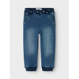 Relax-fit-Jeans name it "NMFBELLA BAG R FLEECE JEANS 5705-AN O", M&auml;dchen, Gr. 110, N-Gr, blau (dunkelblau denim print:print), Denim/Jeans, Obermaterial: 64% Baumwolle, 34% Polyester, 2% Elasthan, bedruckt, relaxed fit, Jeans