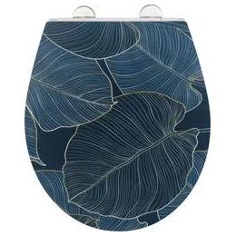 WC-Sitz Wenko "Big Leaves", bunt (grün, silberfarben), B:38cm L:44,5cm, Duroplast, Edelstahl, WC-Sitze, mit Relief, aus antibakteriellem Duroplast