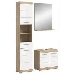 Badmöbel-Set Inosign "Siena, 3 teilig, bestehend aus:", weiß (eiche sonoma hell nb, weiß hochglanz mdf tz), B:112cm H:191cm T:34cm, Holzwerkstoff, MDF, Kastenmöbel-Sets, Hochschrank, Waschbeckenunterschrank, Spiegel
