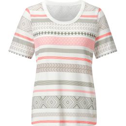 Damen Kurzarmshirt mit Rundhals-Ausschnitt ecru-khaki-gemustert, Gr&ouml;&szlig;e 48