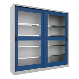 Schiebetürenschrank, Höhe 1950 mm, Sichtfenstertüren, BxT 2000 x 400 mm, mit Trennwand und 2 x 4 Fachböden, Tür enzianblau kaiserkraft