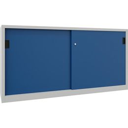 Schiebetürenschrank, Höhe 1000 mm, Vollblechtüren, BxT 2000 x 600 mm, mit Trennwand und 2 x 2 Fachböden, Tür enzianblau kaiserkraft