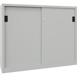 Schwerlast-Schiebetürenschrank, Höhe 1200 mm, Vollblechtüren, BxT 1500 x 600 mm, mit Trennwand und 2 x 2 Fachböden, Tür lichtgrau kaiserkraft