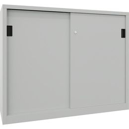 Schiebetürenschrank, Höhe 1200 mm, Vollblechtüren, BxT 1500 x 600 mm, mit Trennwand und 2 x 2 Fachböden, Tür lichtgrau kaiserkraft
