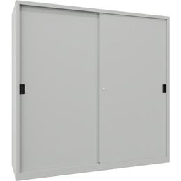 Schwerlast-Schiebetürenschrank, Höhe 1950 mm, Vollblechtüren, BxT 2000 x 600 mm, mit Trennwand und 2 x 4 Fachböden, Tür lichtgrau kaiserkraft