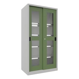 Schiebetürenschrank, Höhe 1950 mm, Sichtfenstertüren, BxT 1000 x 600 mm, mit 4 Fachböden, Tür resedagrün kaiserkraft