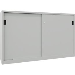 Pavoy Schiebetürenschrank, Höhe 1200 mm, Vollblechtüren, BxT 2000 x 600 mm, mit Trennwand und 2 x 2 Fachböden, Tür lichtgrau