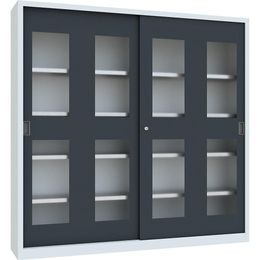Schiebetürenschrank, Höhe 1950 mm, Sichtfenstertüren, BxT 2000 x 400 mm, mit Trennwand und 2 x 4 Fachböden, Tür anthrazit kaiserkraft