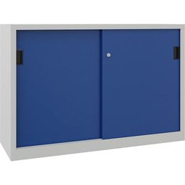 Pavoy Schiebetürenschrank, Höhe 1000 mm, Vollblechtüren, BxT 1500 x 500 mm, mit Trennwand und 2 x 2 Fachböden, Tür enzianblau
