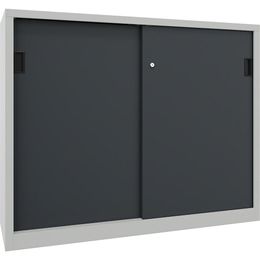 Schiebetürenschrank, Höhe 1200 mm, Vollblechtüren, BxT 1500 x 600 mm, mit Trennwand und 2 x 2 Fachböden, Tür anthrazit kaiserkraft