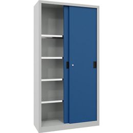 Schiebetürenschrank, Höhe 1950 mm, Vollblechtüren, BxT 1000 x 400 mm, mit 4 Fachböden, Tür enzianblau kaiserkraft