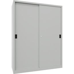 Schwerlast-Schiebetürenschrank, Höhe 1950 mm, Vollblechtüren, BxT 1500 x 600 mm, mit Trennwand und 2 x 4 Fachböden, Tür lichtgrau kaiserkraft