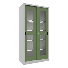 Schiebetürenschrank, Höhe 1950 mm, Sichtfenstertüren, BxT 1000 x 500 mm, mit 4 Fachböden, Tür resedagrün kaiserkraft