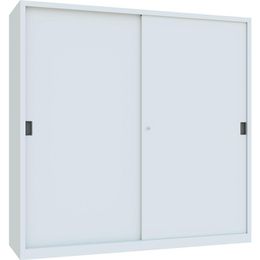 Schiebetürenschrank, Höhe 1950 mm, Vollblechtüren, BxT 2000 x 600 mm, mit Trennwand und 2 x 4 Fachböden, Tür lichtgrau kaiserkraft
