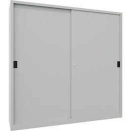 Schwerlast-Schiebetürenschrank, Höhe 1950 mm, Vollblechtüren, BxT 2000 x 500 mm, mit Trennwand und 2 x 4 Fachböden, Tür lichtgrau kaiserkraft