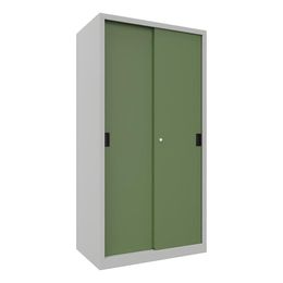 Schiebetürenschrank, Höhe 1950 mm, Vollblechtüren, BxT 1000 x 600 mm, mit 4 Fachböden, Tür resedagrün kaiserkraft