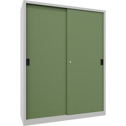 Schiebetürenschrank, Höhe 1950 mm, Vollblechtüren, BxT 1500 x 500 mm, mit Trennwand und 2 x 4 Fachböden, Tür resedagrün kaiserkraft
