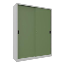 Schiebetürenschrank, Höhe 1950 mm, Vollblechtüren, BxT 1500 x 400 mm, mit Trennwand und 2 x 4 Fachböden, Tür resedagrün kaiserkraft