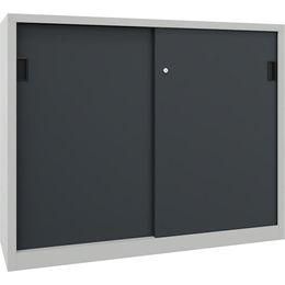 Schwerlast-Schiebetürenschrank, Höhe 1200 mm, Vollblechtüren, BxT 1500 x 600 mm, mit Trennwand und 2 x 2 Fachböden, Tür anthrazit kaiserkraft
