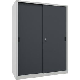 Schwerlast-Schiebetürenschrank, Höhe 1950 mm, Vollblechtüren, BxT 1500 x 600 mm, mit Trennwand und 2 x 4 Fachböden, Tür anthrazit kaiserkraft