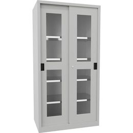 Schiebetürenschrank, Höhe 1950 mm, Sichtfenstertüren, BxT 1000 x 600 mm, mit 4 Fachböden, Tür lichtgrau kaiserkraft