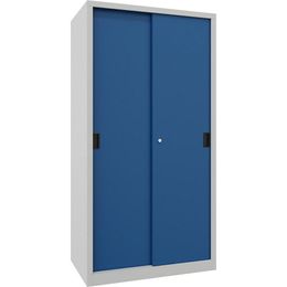Schiebetürenschrank, Höhe 1950 mm, Vollblechtüren, BxT 1000 x 600 mm, mit 4 Fachböden, Tür enzianblau kaiserkraft