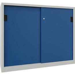 Schiebetürenschrank, Höhe 1200 mm, Vollblechtüren, BxT 1500 x 600 mm, mit Trennwand und 2 x 2 Fachböden, Tür enzianblau kaiserkraft