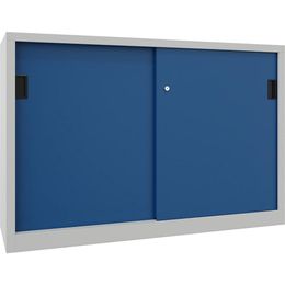 Schiebetürenschrank, Höhe 1000 mm, Vollblechtüren, BxT 1500 x 600 mm, mit Trennwand und 2 x 2 Fachböden, Tür enzianblau kaiserkraft