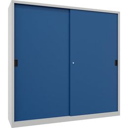 Schwerlast-Schiebetürenschrank, Höhe 1950 mm, Vollblechtüren, BxT 2000 x 500 mm, mit Trennwand und 2 x 4 Fachböden, Tür enzianblau kaiserkraft